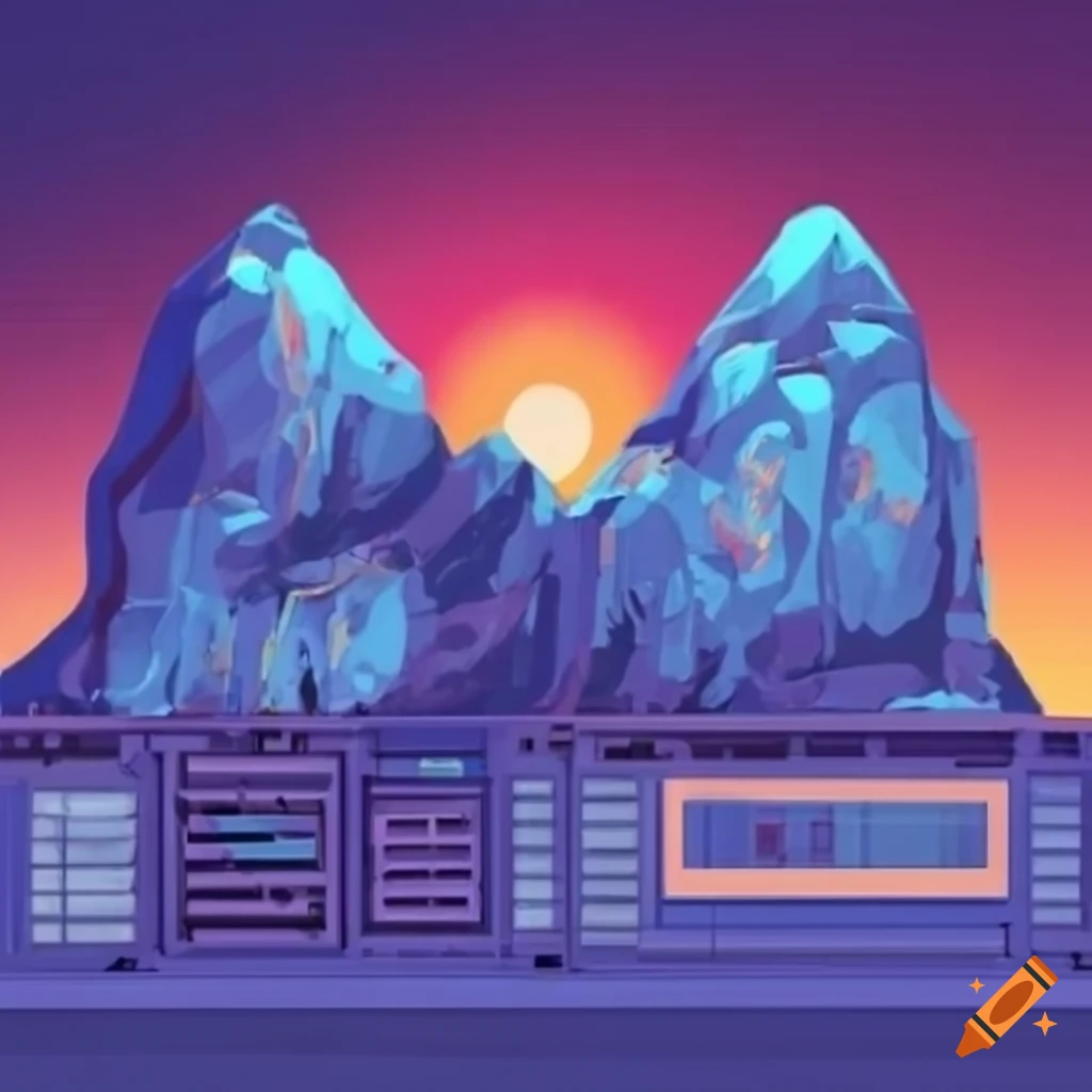 Technical drawing of retro futuristic modular space colony pods with solar cells on rocky ...