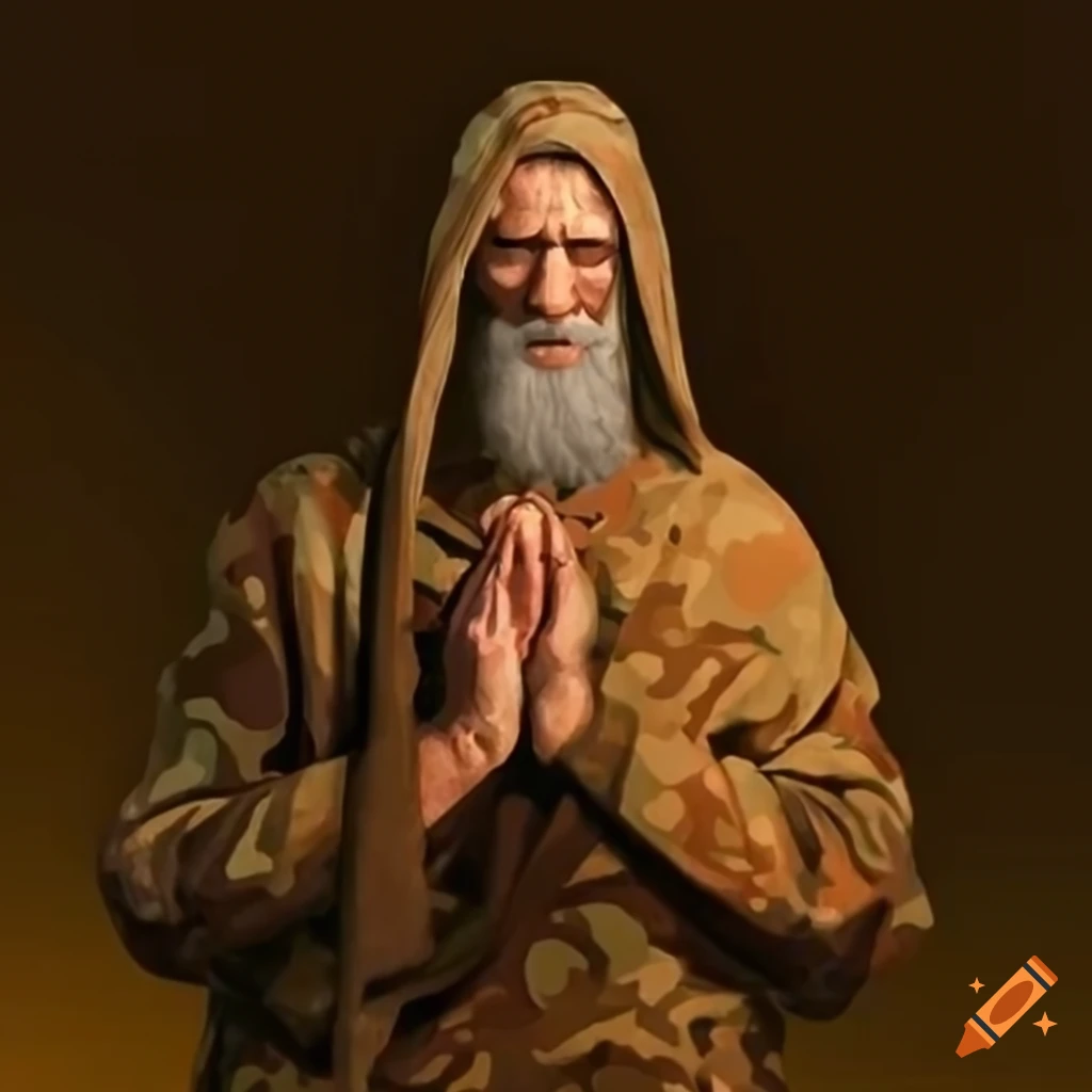 Moses in army camouflage seeking inner peace and reflection on Craiyon