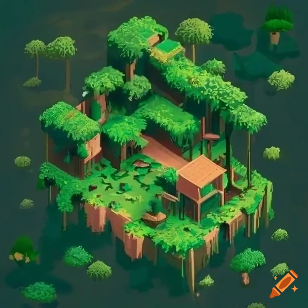 Intricate isometric map tile of a dense and vibrant forest on Craiyon