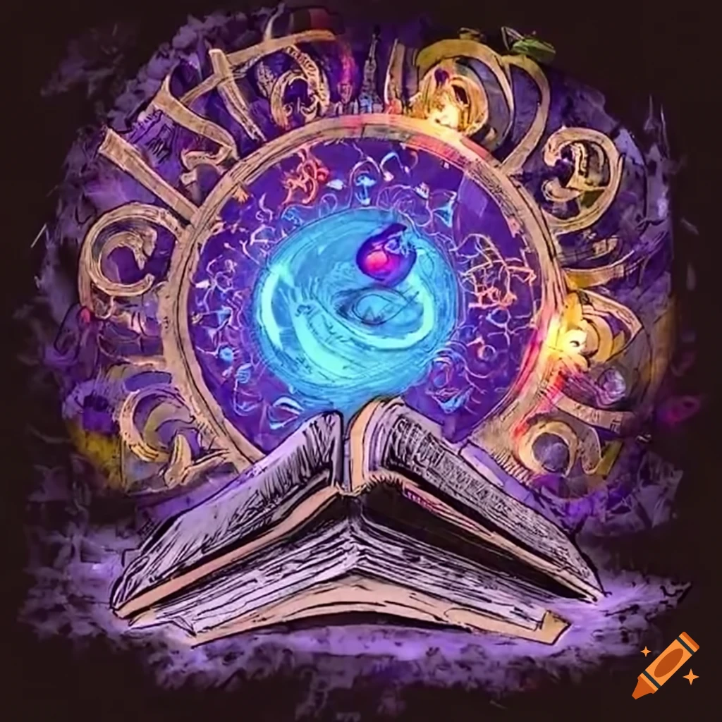 Stack of spell books and magic scrolls in pen and ink art style on Craiyon