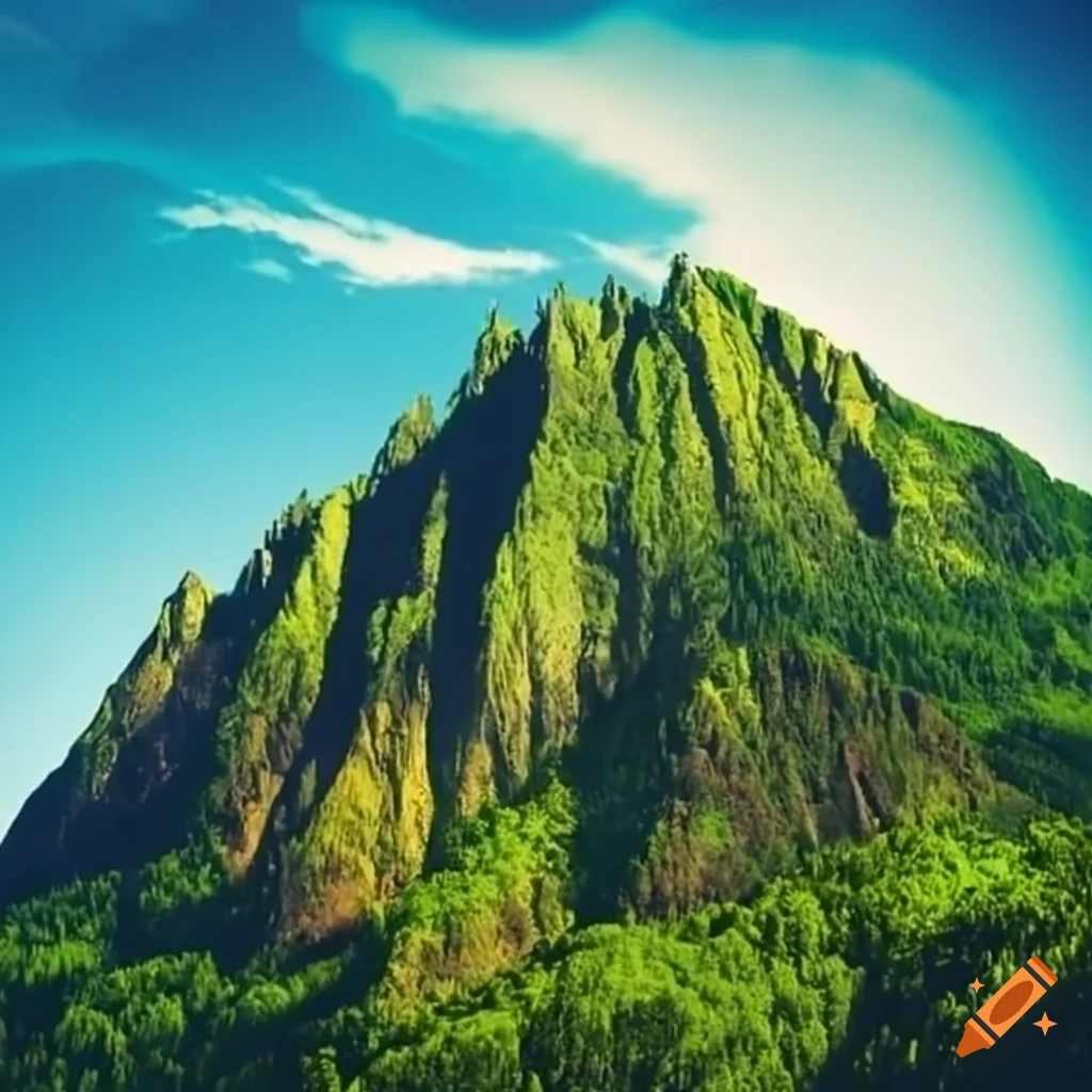 View of a tall green mountain from below on Craiyon