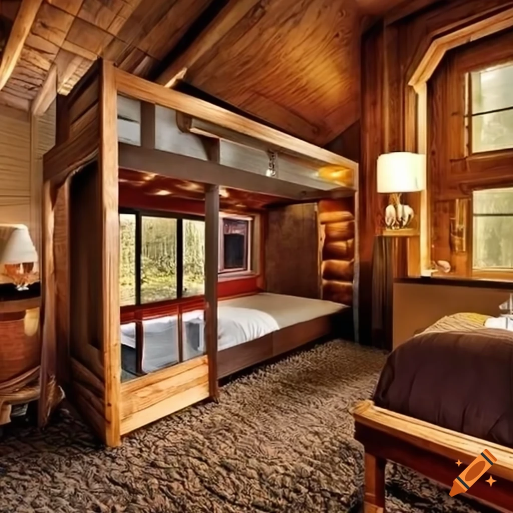 Cabin themed hotel room with two beds on Craiyon