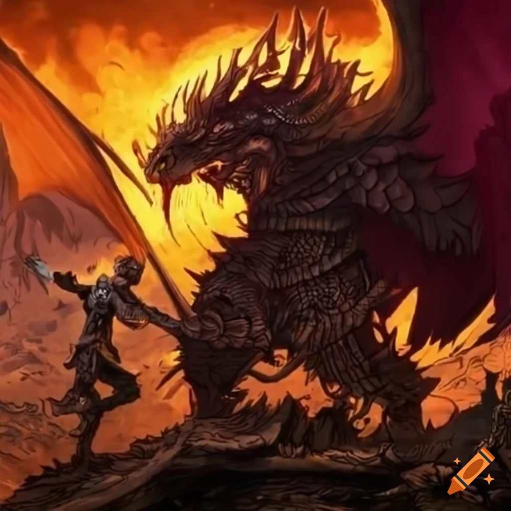 Epic battle between a brave knight and a massive mythical beast on Craiyon