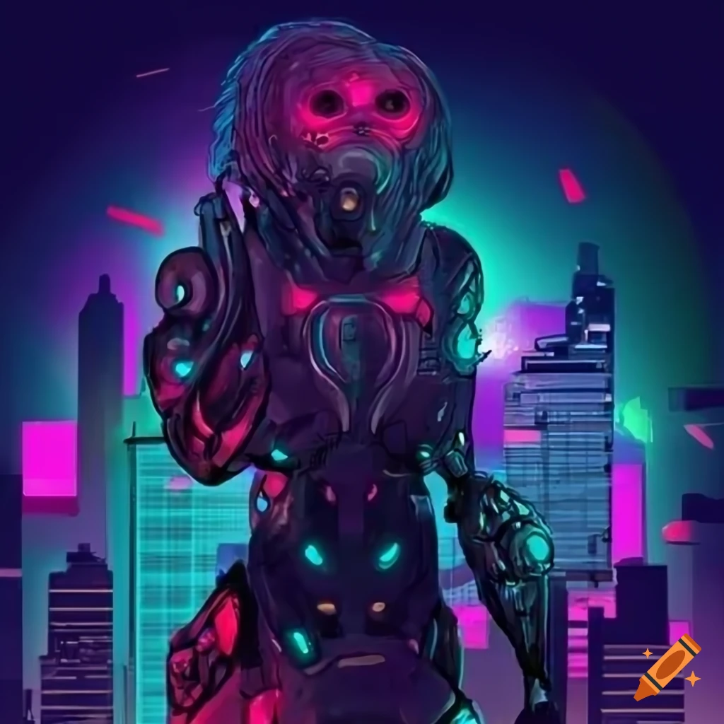 Cityscape blending biopunk and cyberpunk elements with cyborg animals ...