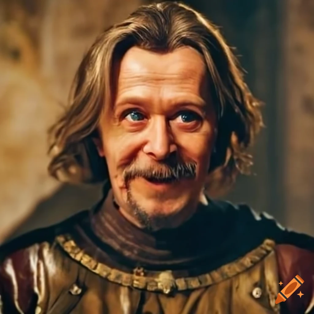 Medieval King Henry II, portrayed as Gary Oldman, laughing in a castle wine cellar on Craiyon
