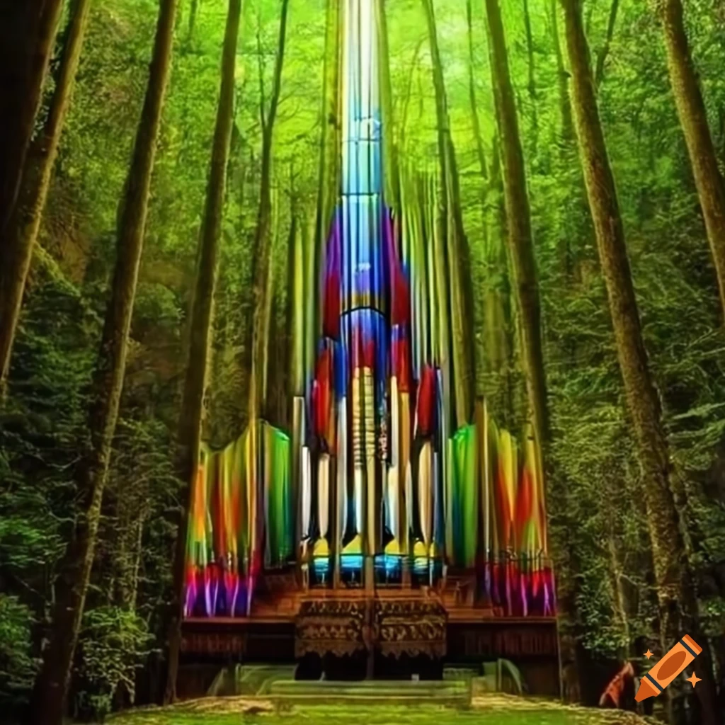 Giant organ in a colorful paradise forest on Craiyon