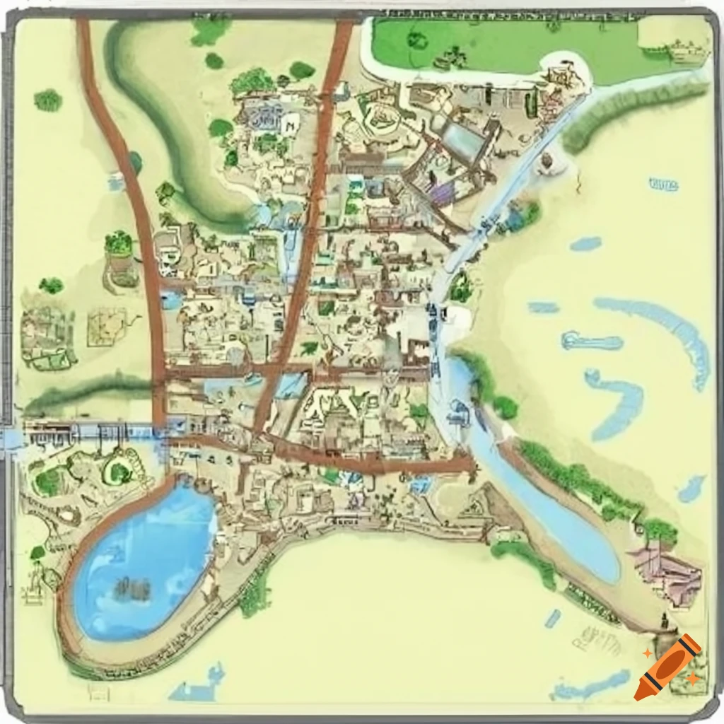 Town map layout surrounded by parks, rivers, lakes, and pathways on Craiyon
