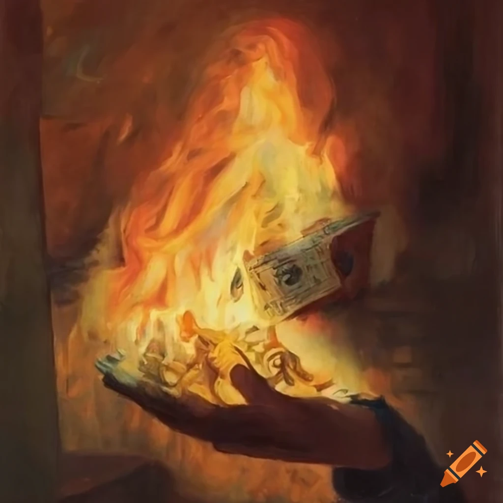 Burning money in hands in an oil painting from the 1900s on Craiyon