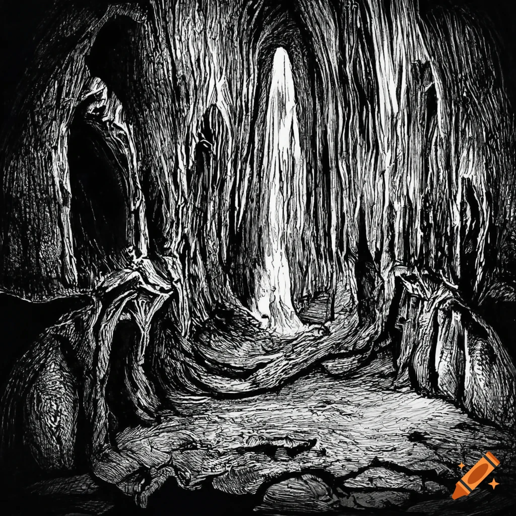 Black and white ink drawing of an evil gothic city hidden in a giant ...