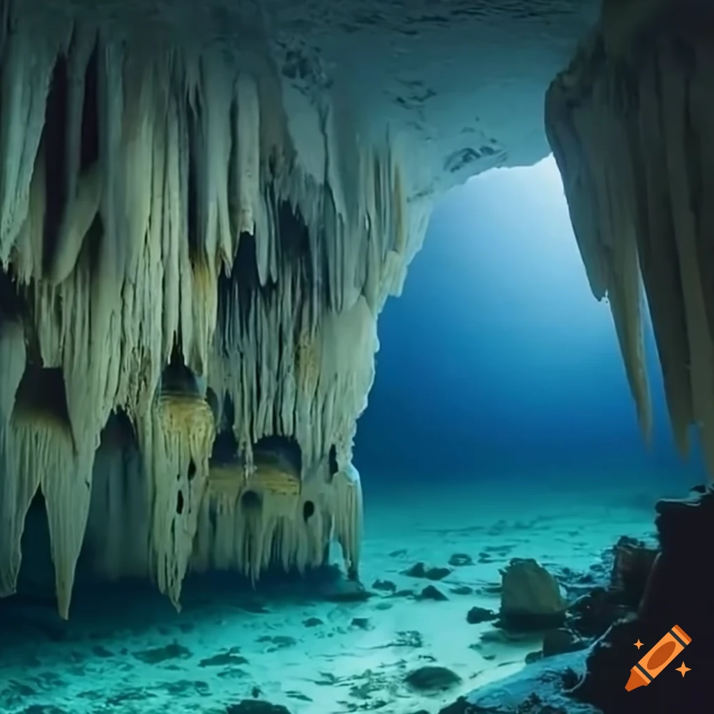 Exploring mesmerizing underwater cave with ancient stalactites on Craiyon