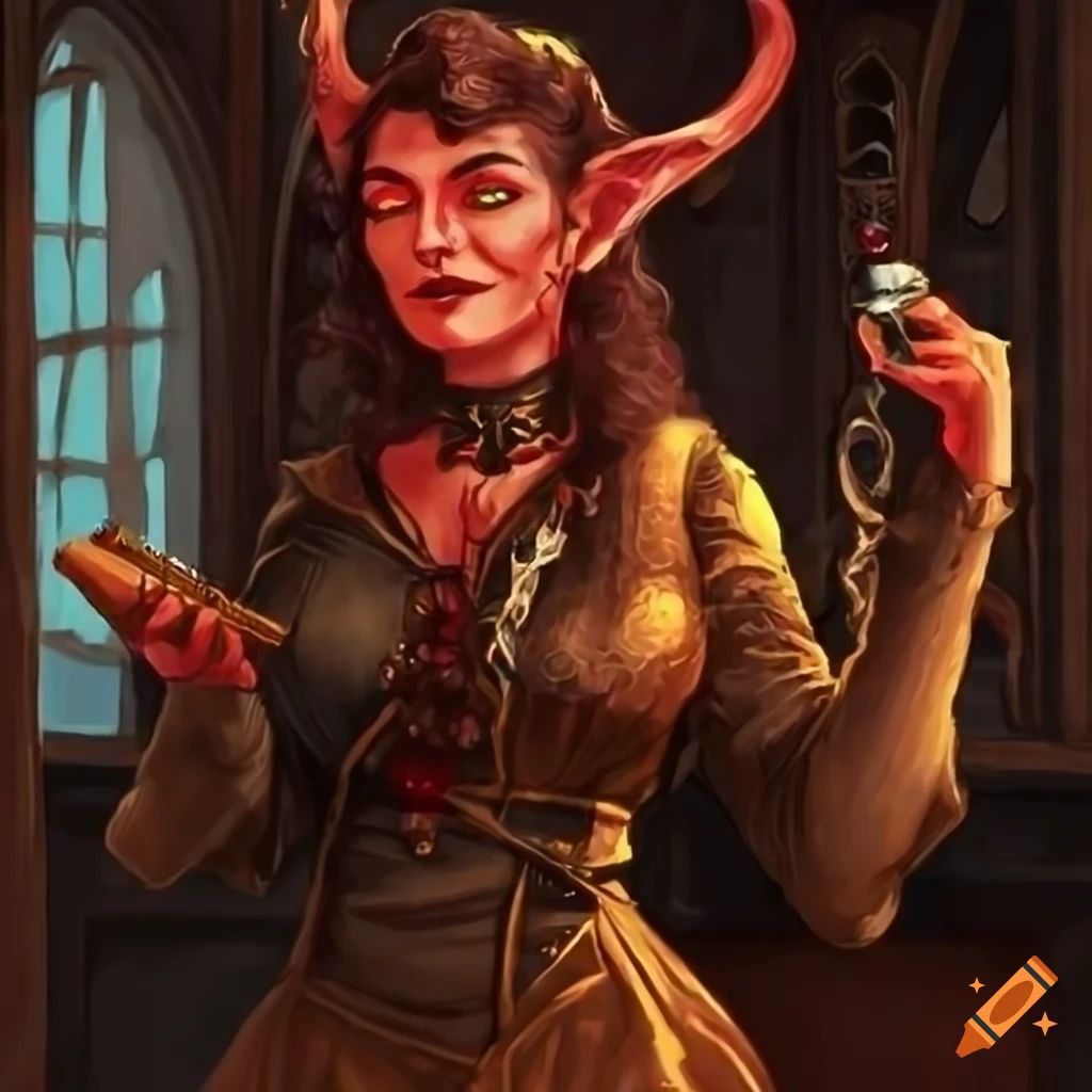 Female tiefling bard telling stories in a tavern with a lute on Craiyon