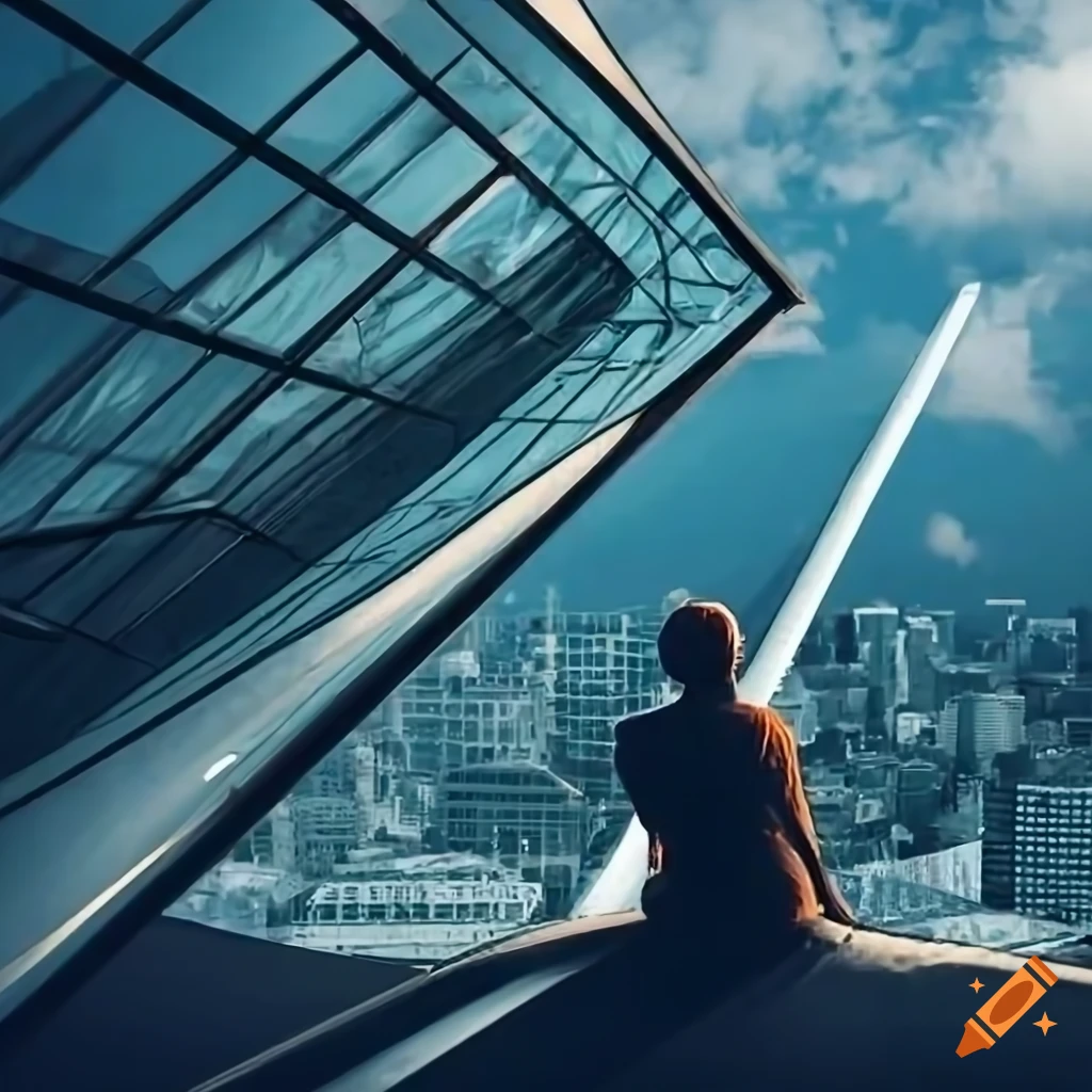 Person sitting on glass skyscraper roof overlooking the city in high ...