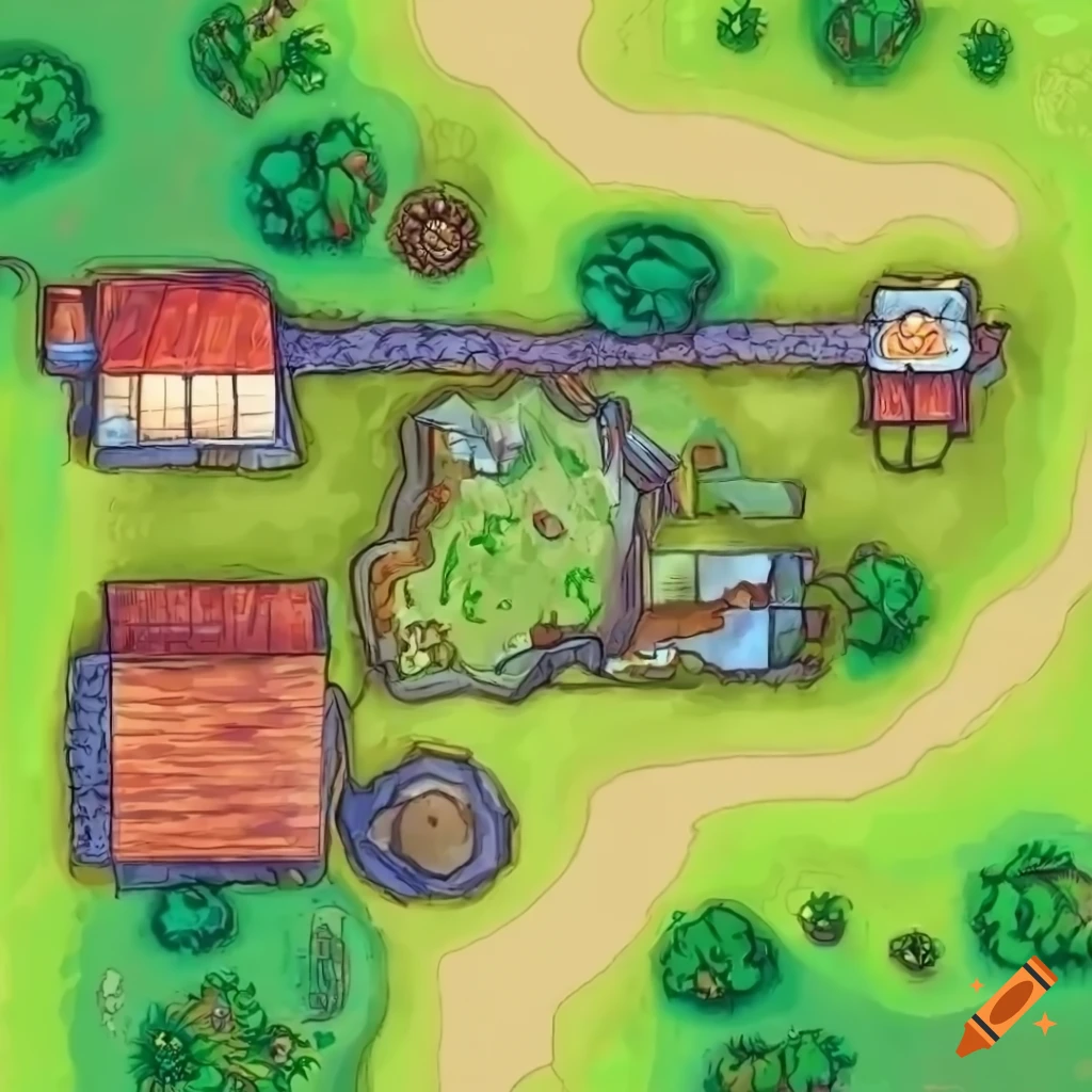Detailed RPG map top down view of a rural homestead with a cozy house ...