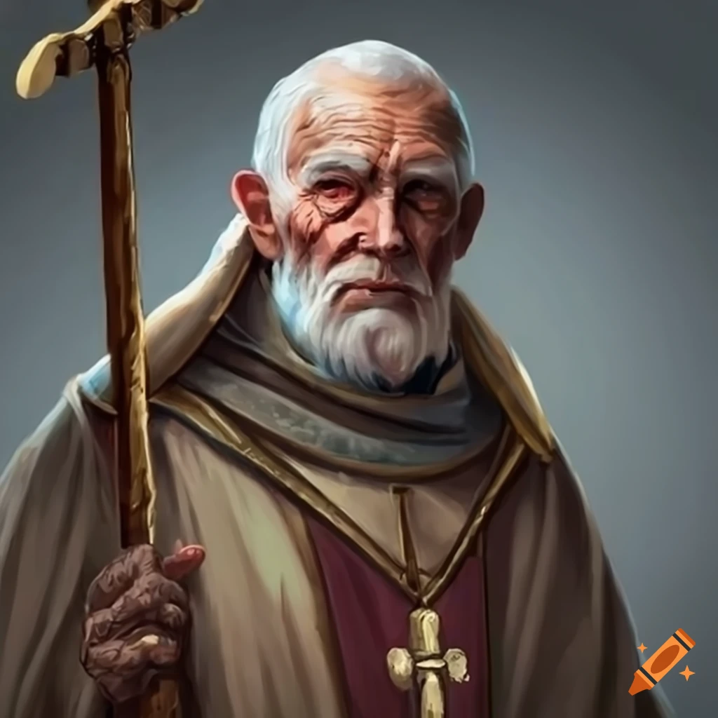 Portrait of a medieval male elderly human priest for D&D on Craiyon