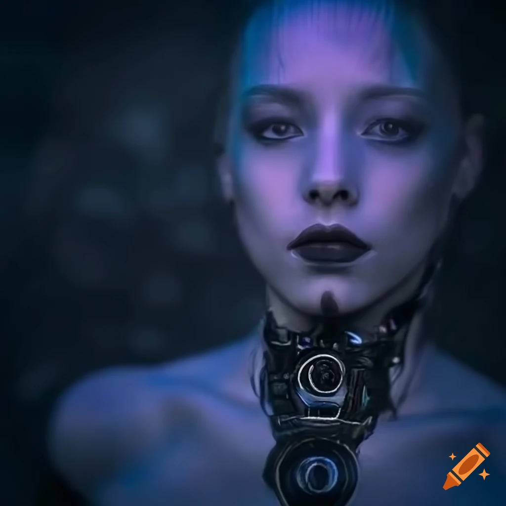 Close-up of a female cyborg goddess in a dark cyberpunk cityscape on ...