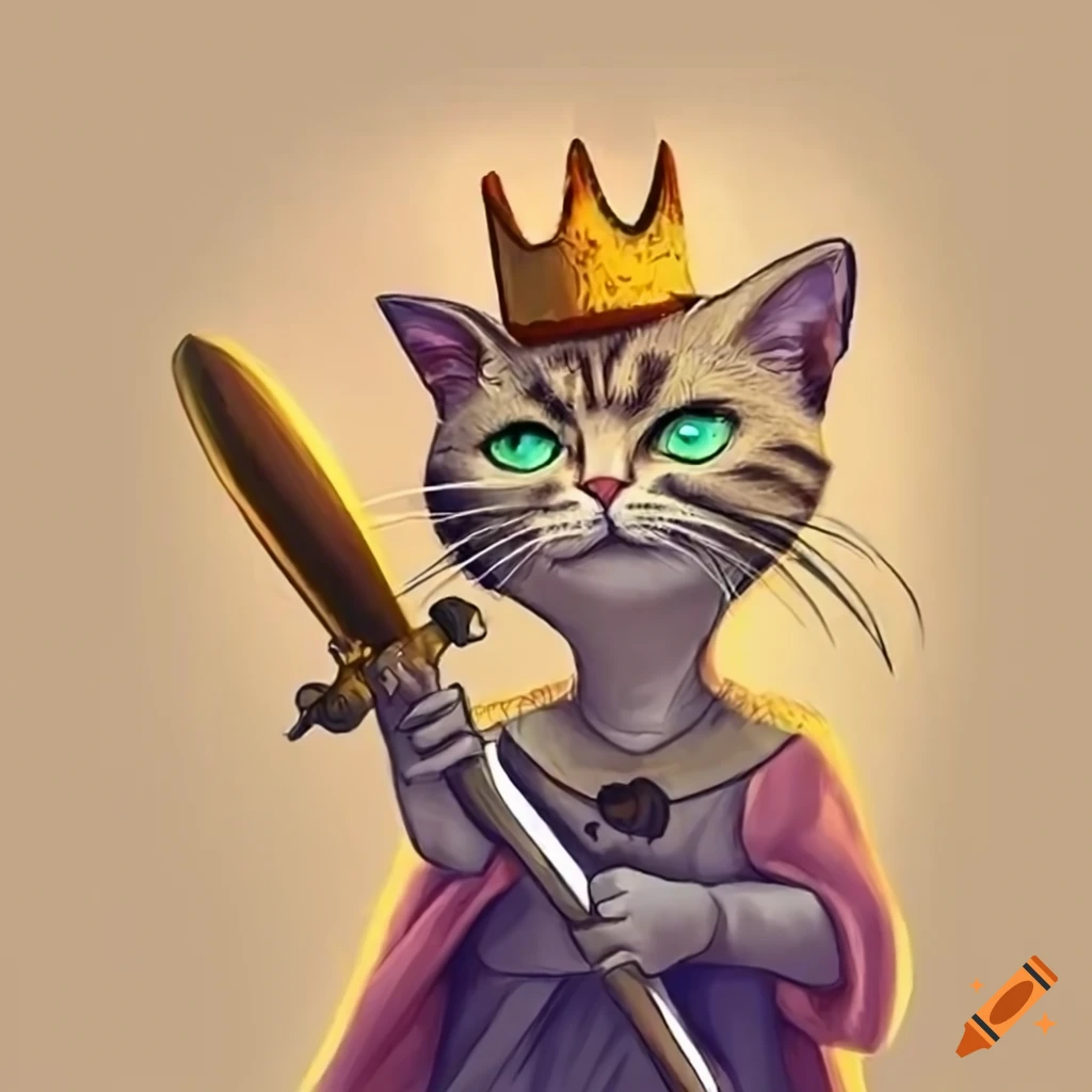 Cat king with a sword looking furious on Craiyon