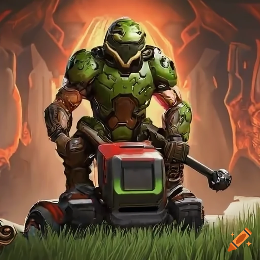 Doom slayer riding a lawn mower in doom franchise on Craiyon
