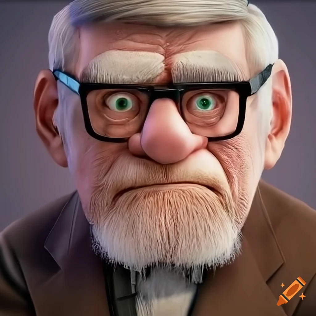 Carl Fredricksen character with van dyke beard, hyper-realistic 3D ...
