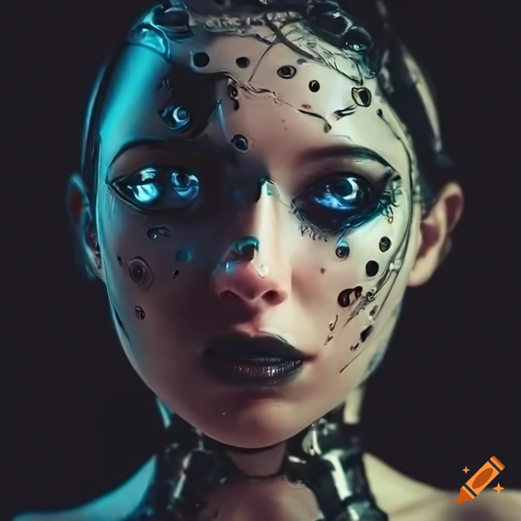 Close-up of a female cyborg goddess in a dark cyberpunk cityscape on ...
