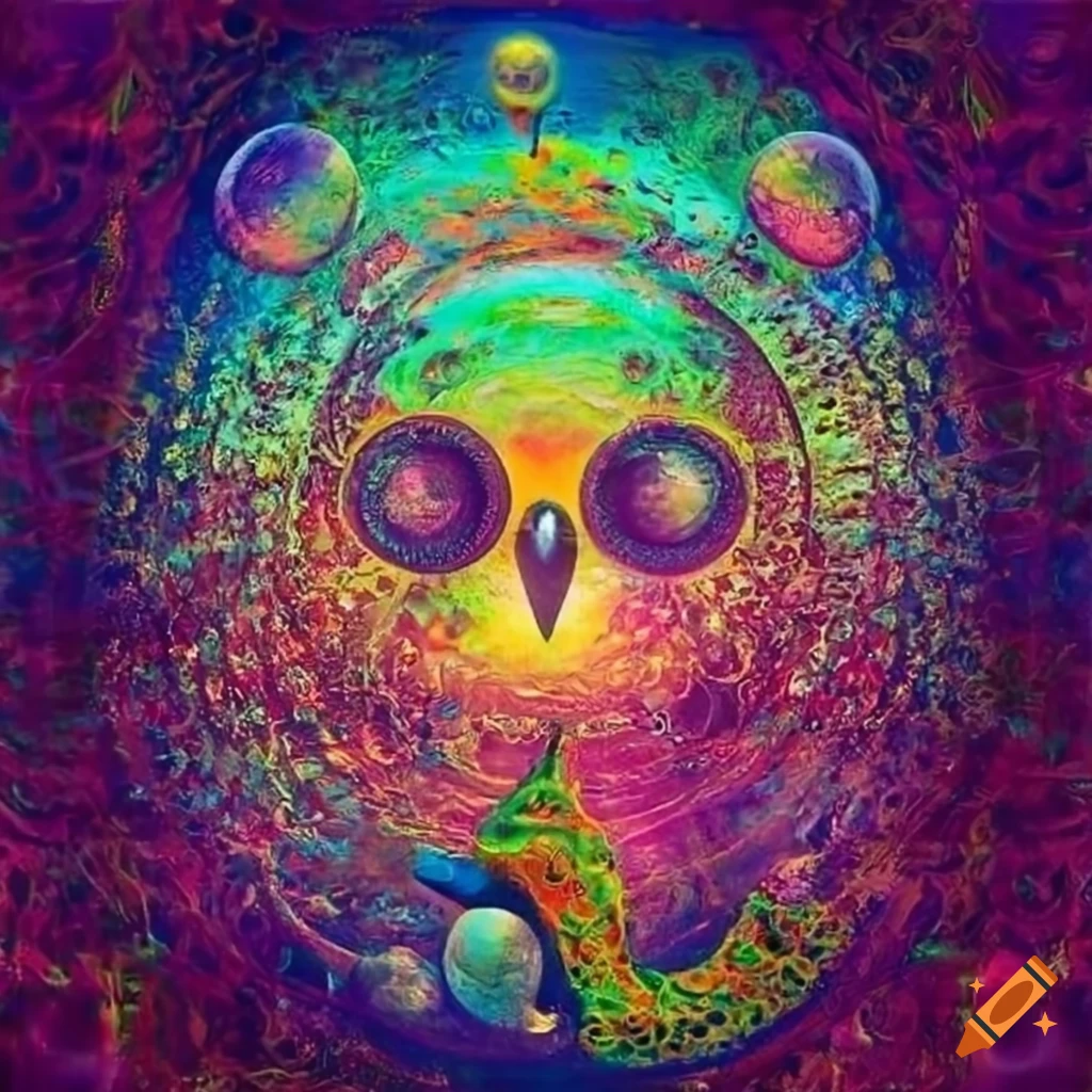 Psychedelic poster with an owl, planets, and aliens in a isae-supaero ...