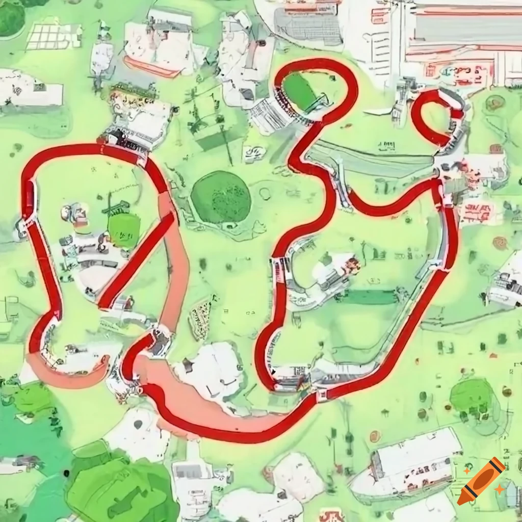 Grand prix racing circuit map and surroundings on Craiyon