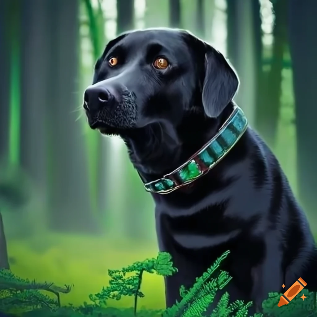 Captivating image of a black Labrador in a lush forest on Craiyon