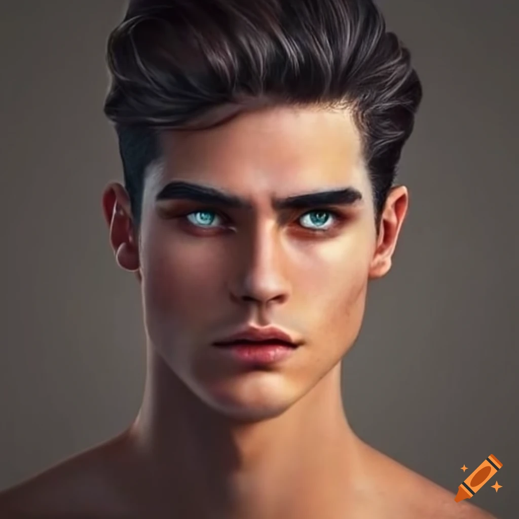 Portrait of a tall man with dark brown hair, bright green eyes, and tan ...