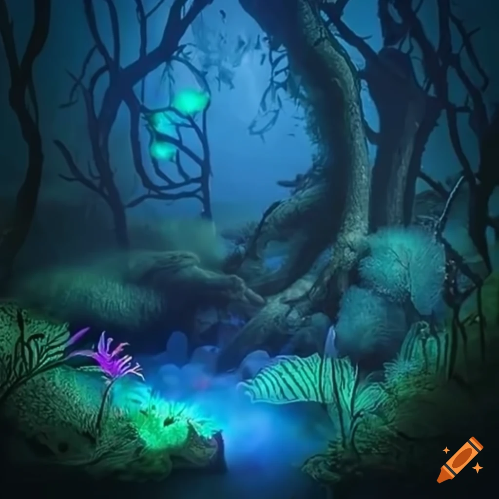 Mystical forest with luminescent plants and magical creatures on Craiyon