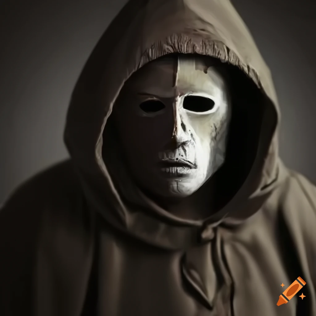 Cleric wearing a human mask and black hood on Craiyon