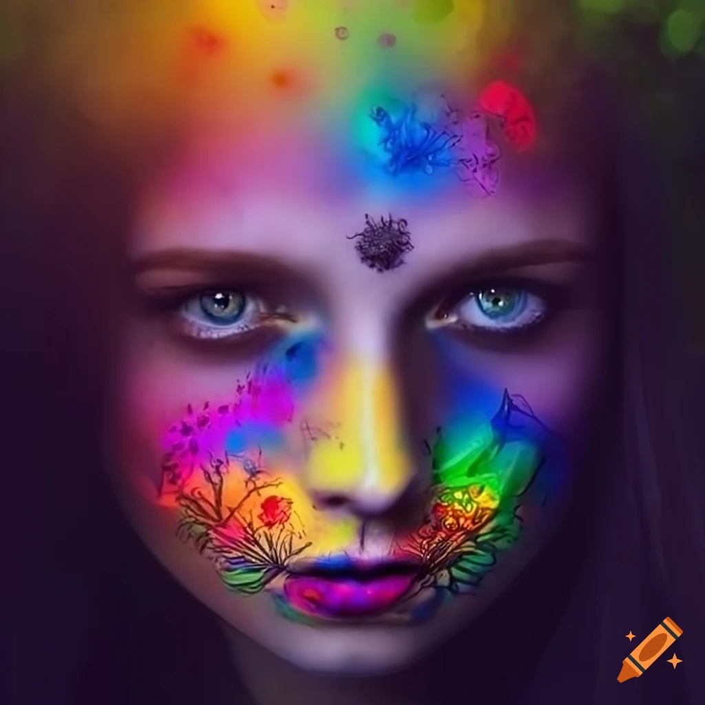 Surreal woman's face in a colorful and gothic forest setting on Craiyon
