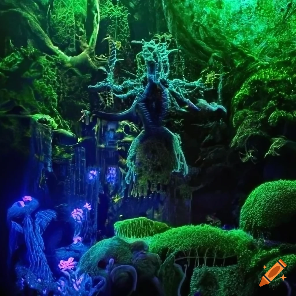 Biopunk cityscape with green moss, plants, mushrooms, and cyborg Mutant ...