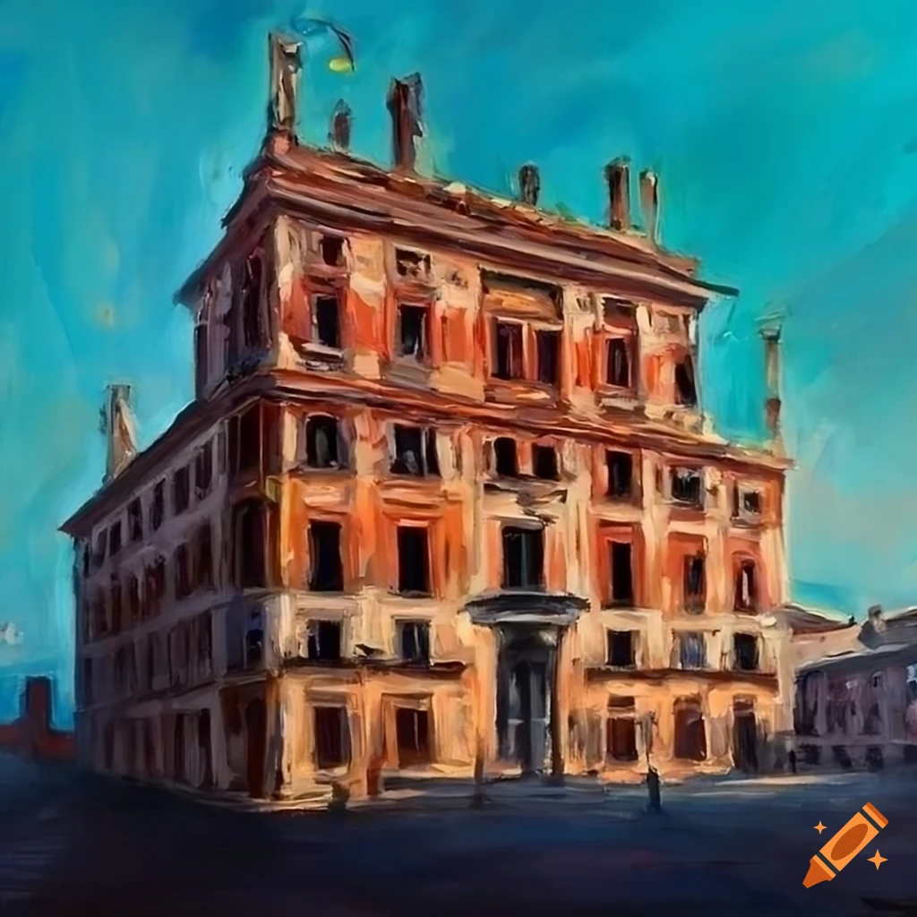Oil painting of a cigarette factory resembling spanish government ...