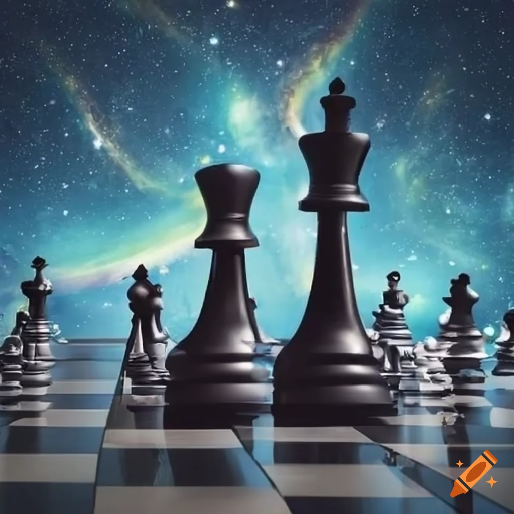 Chess players in front of a universe backdrop on Craiyon