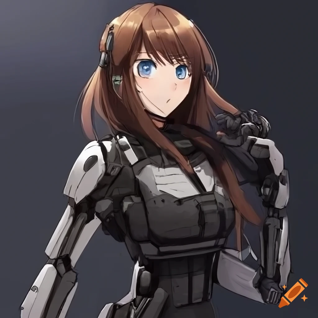 Anime mech pilot character with long brown hair and blue eyes on Craiyon
