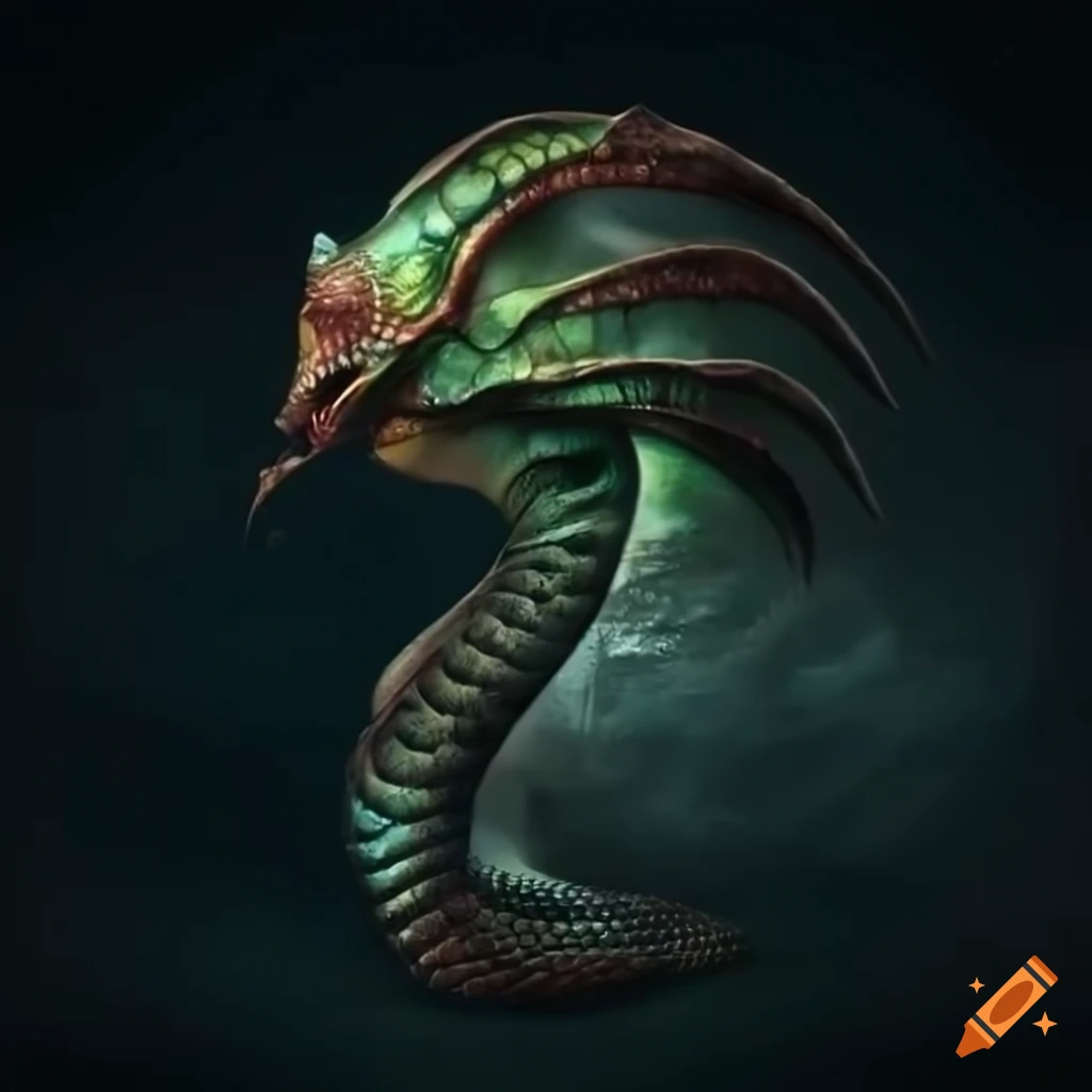 Serpentine snake fantasy creature with keeled scales, 4 fangs, and long ...