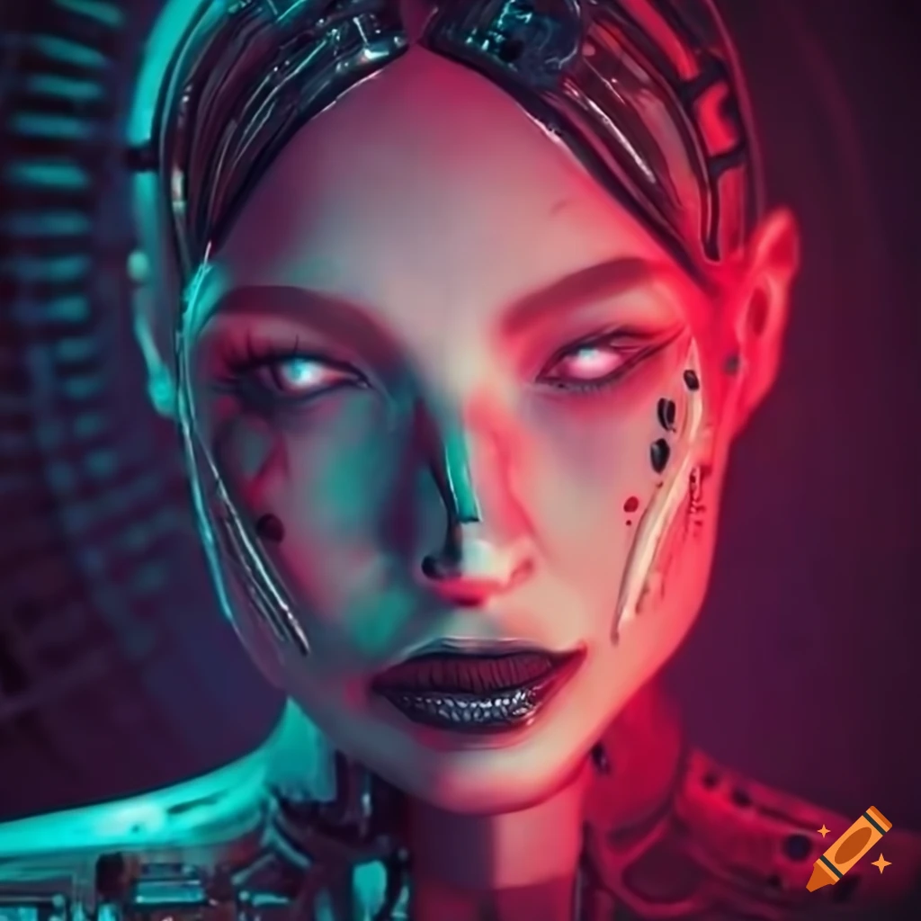 Close-up of a female cyborg goddess in a dark cyberpunk cityscape on ...