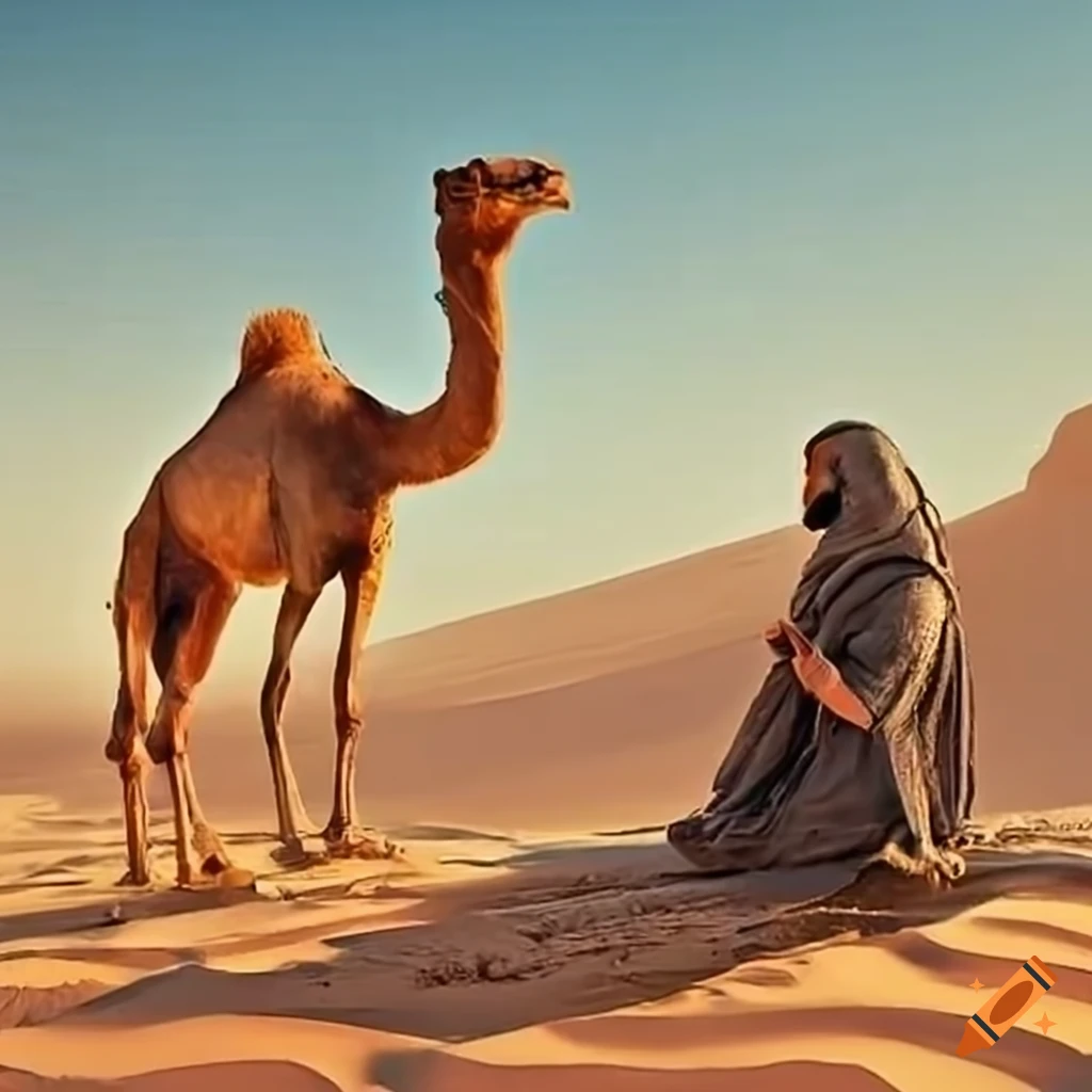 Scene from the Prophet Muhammad era with camels in the desert on Craiyon
