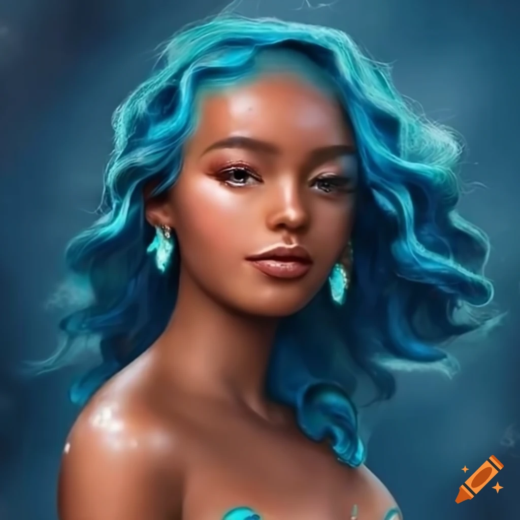 Young mermaid with brown skin and blue waves in her hair on Craiyon