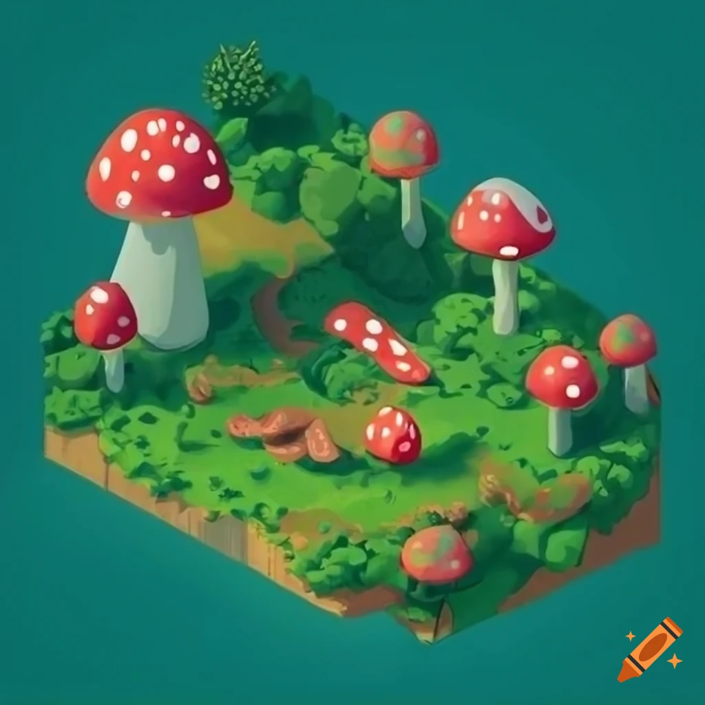 Colorful isometric map tile of a lush mushroom field on Craiyon