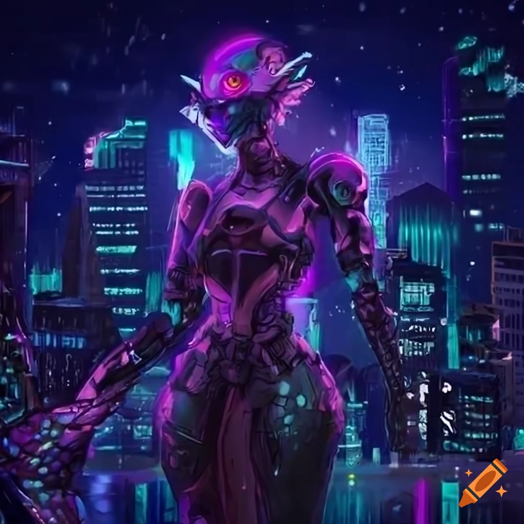 Cityscape blending biopunk and cyberpunk elements with cyborg animals ...