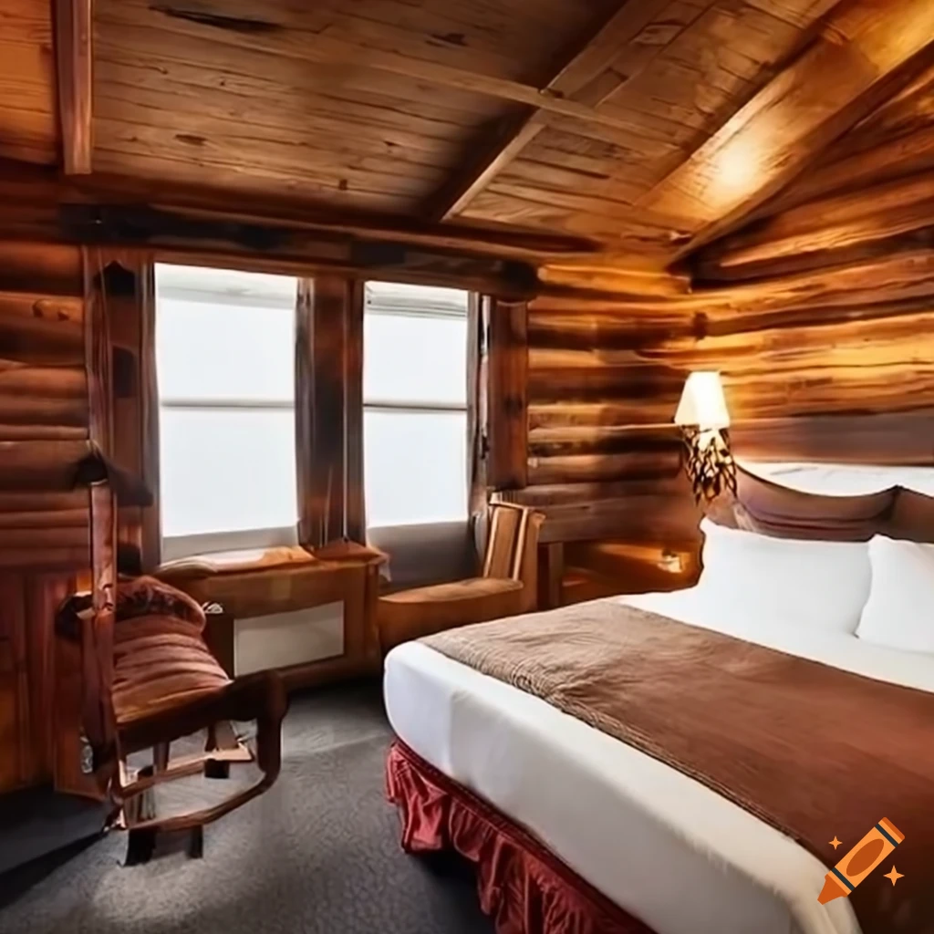 Cabin themed hotel room with two beds on Craiyon