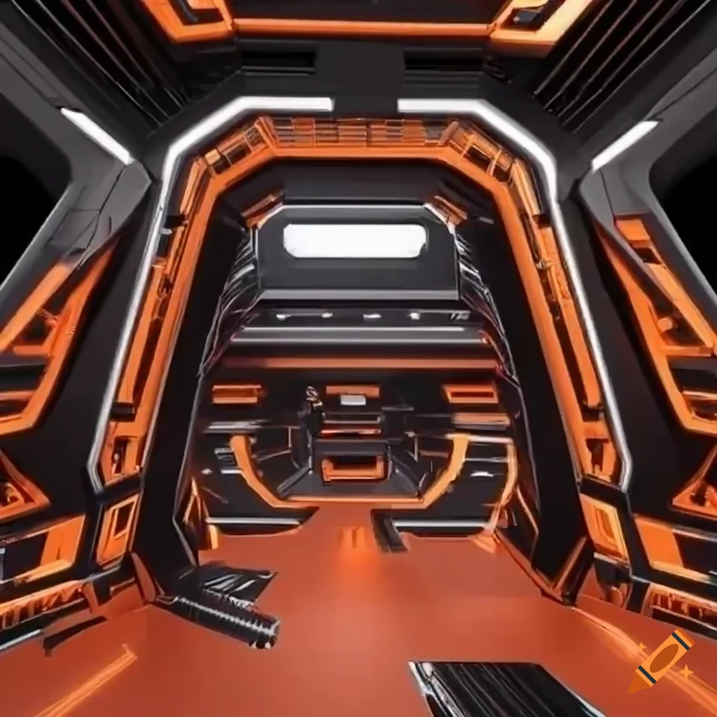 3D sci-fi starship bridge with intricate machinery and holograms in black, orange, and chrome on ...