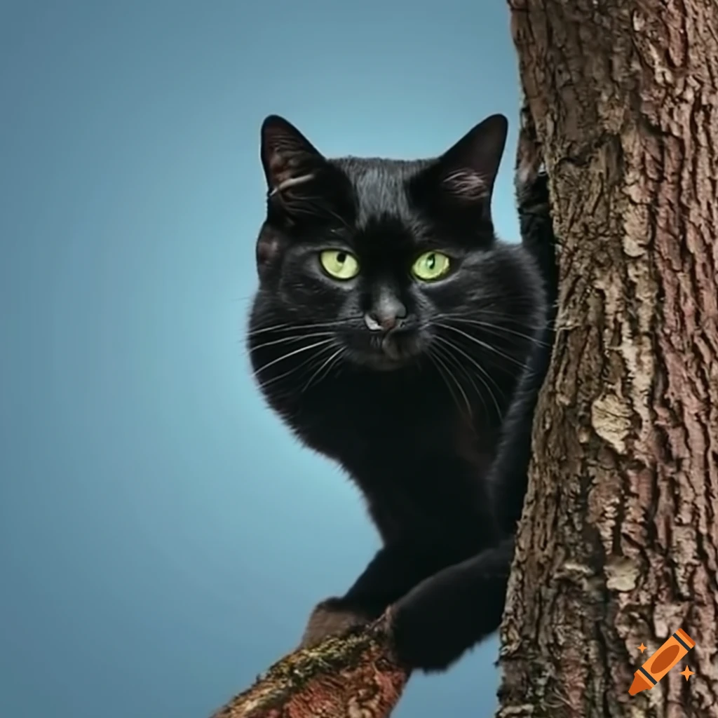 Black cat stuck on a tree on Craiyon