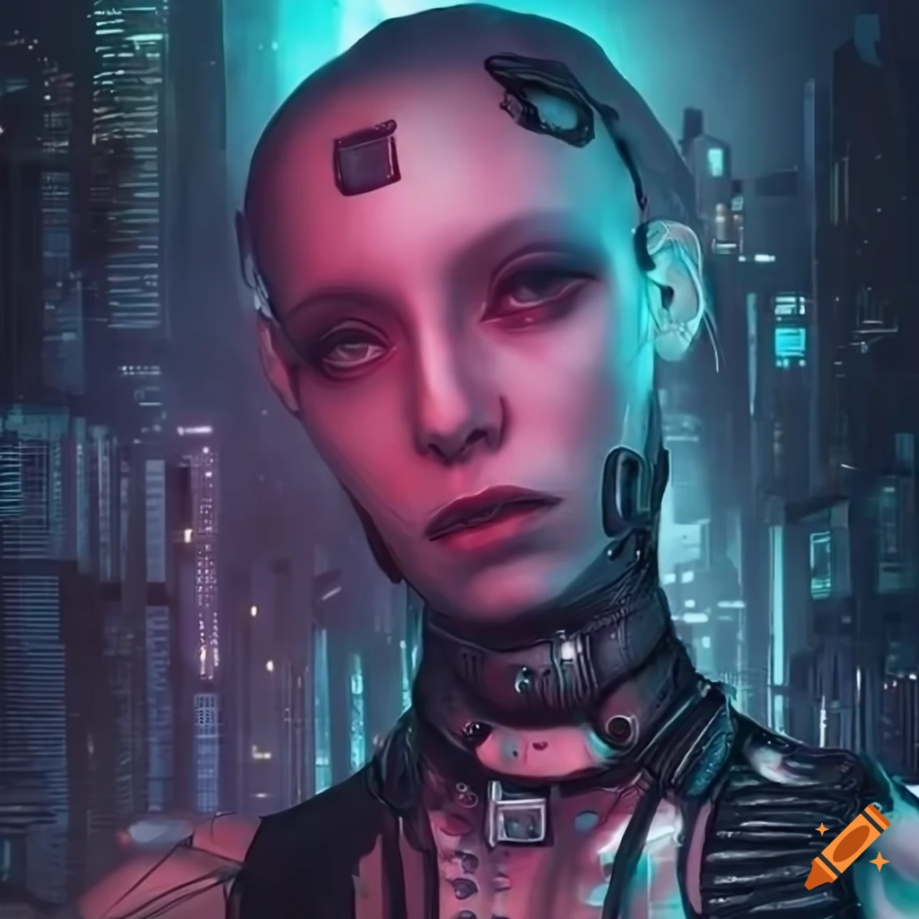 Close-up of a female cyborg goddess in a dark cyberpunk cityscape on ...