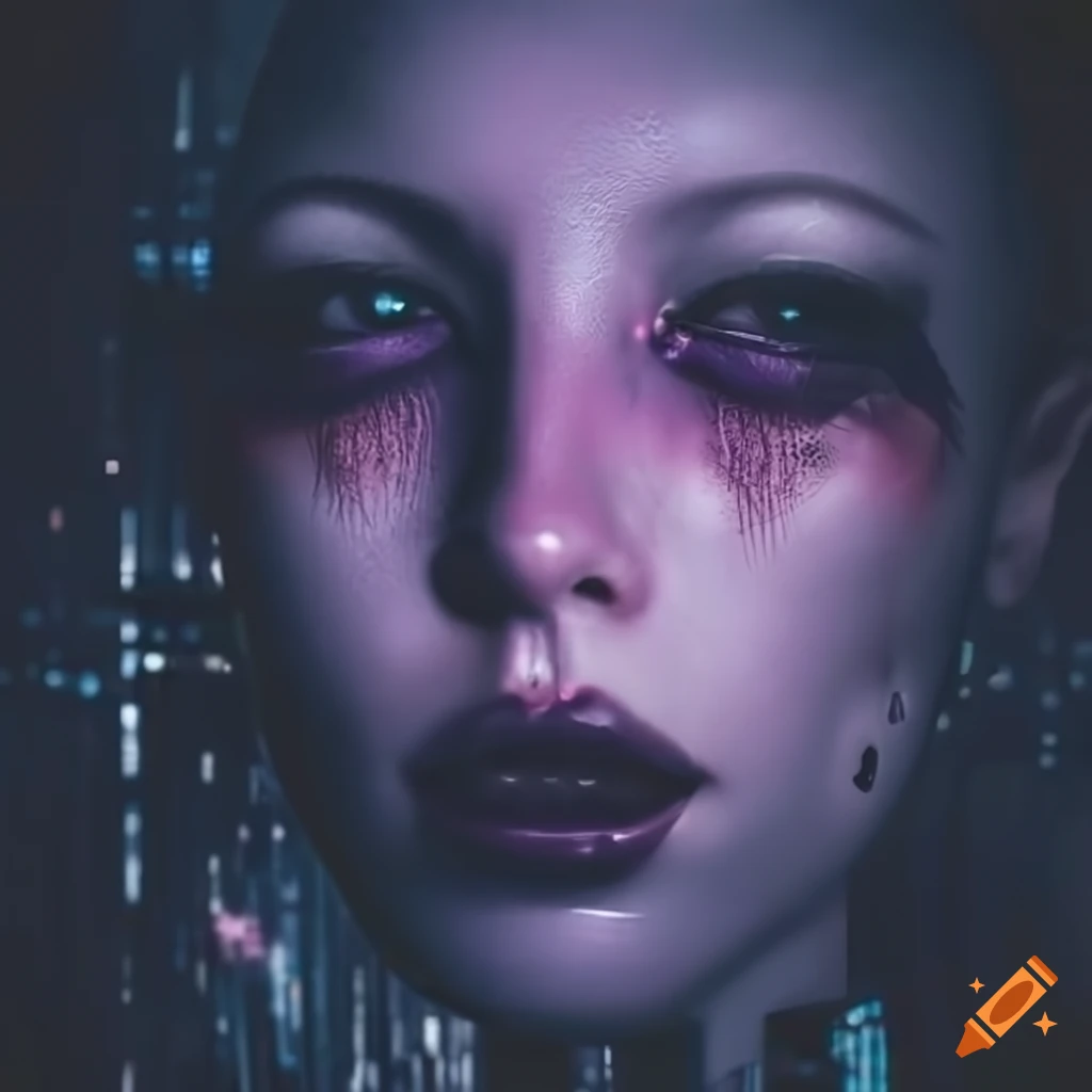 Close-up of a female cyborg goddess in a dark cyberpunk cityscape on ...