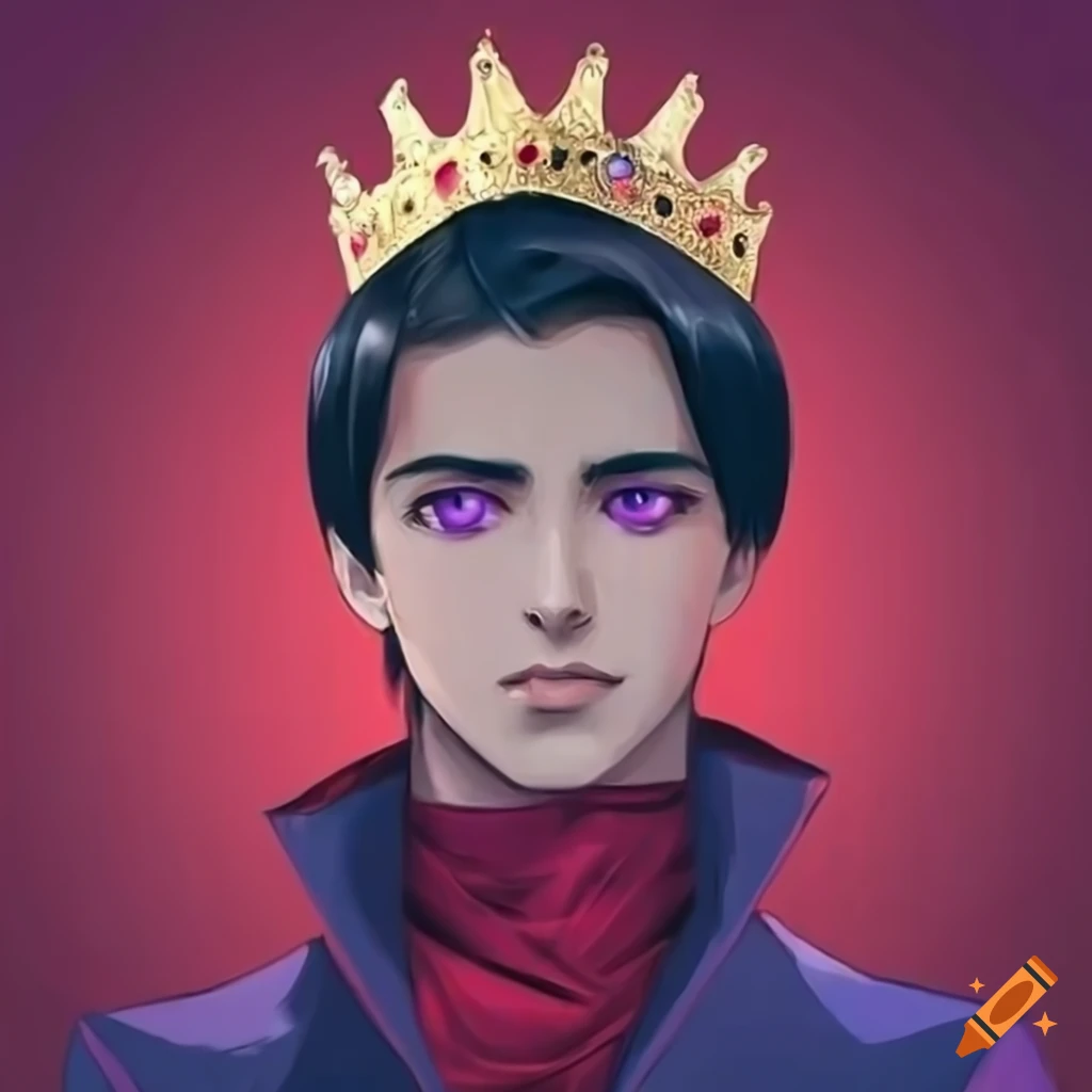 Young handsome King in red robes with purple eyes and a crown on Craiyon