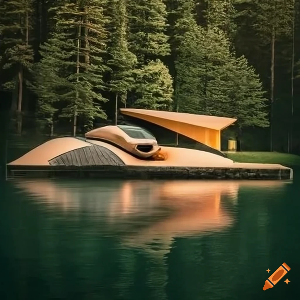 Modern turtle-shaped vacation house by the lake with a car and forest ...