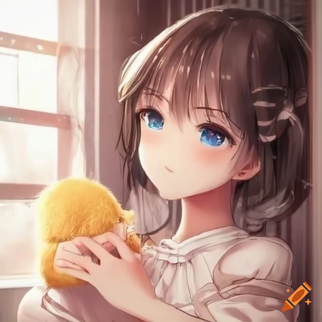 Anime girl with porcelain doll by a rainy window on Craiyon