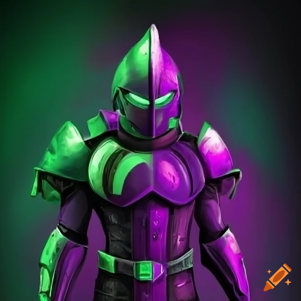 Detailed space knight in green and purple colors on Craiyon