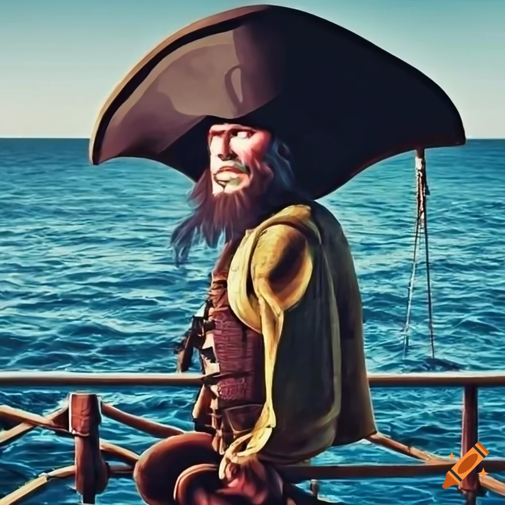 Fearless pirate captain on deck with open sea on a sunny afternoon on ...